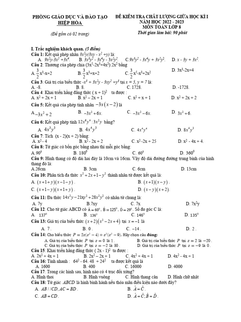 De Giua Ky 1 Toan 8 Nam 2022 2023 Phong GDDT Hiep Hoa Bac Giang | PDF