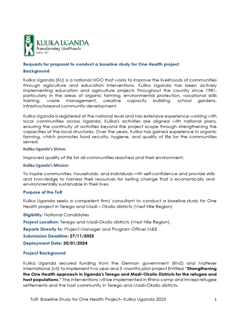 Baseline Study ToR: One Health Project | PDF | Methodology ...