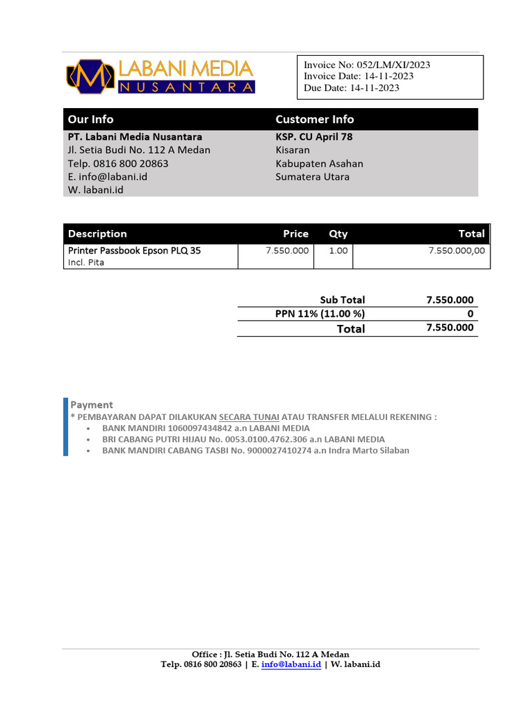Invoice Pembelian Printer Epson PLQ 35 | PDF
