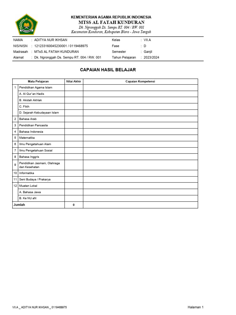 Contoh Rapot Kumer Kelas Vii | PDF