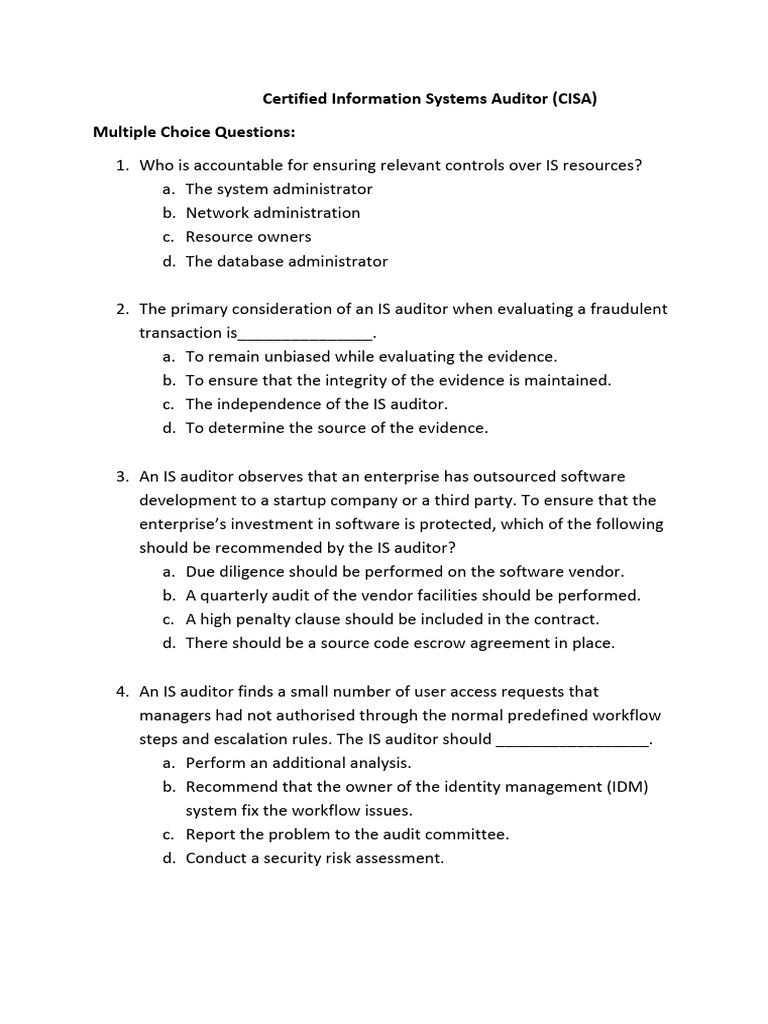 Certified Information Systems Auditor Cisa Mock Exam 1 Pdf