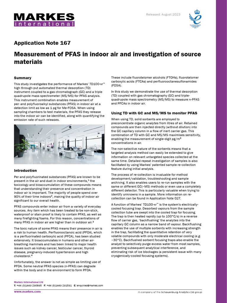 Markes International AN167 [Indoor Air] Measurement of PFAS in indoor ...