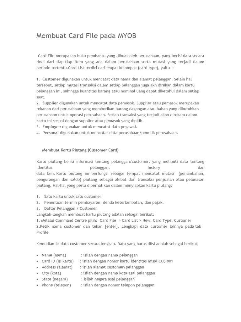 Langkah Membuat Customer Card MYOB | PDF