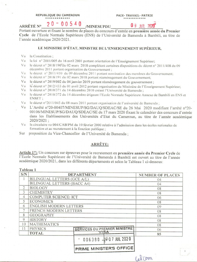 ENS Bambili - UBa - 2020 - 1ere Annee Du 1er Cycle - FR | PDF