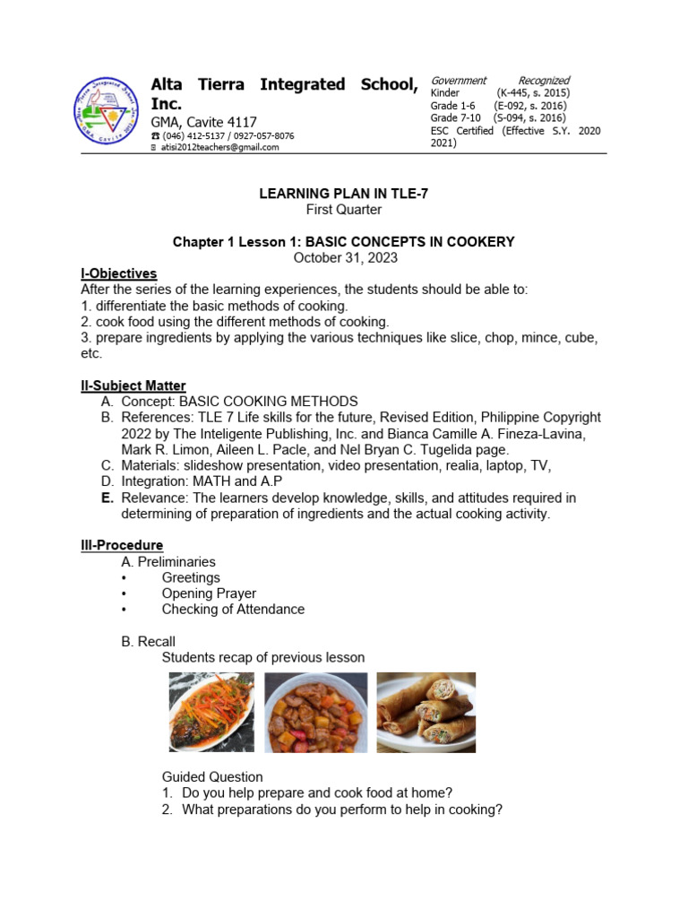 Q1-Learning Plan in TLE-7 | PDF | Cooking | Cognitive Psychology
