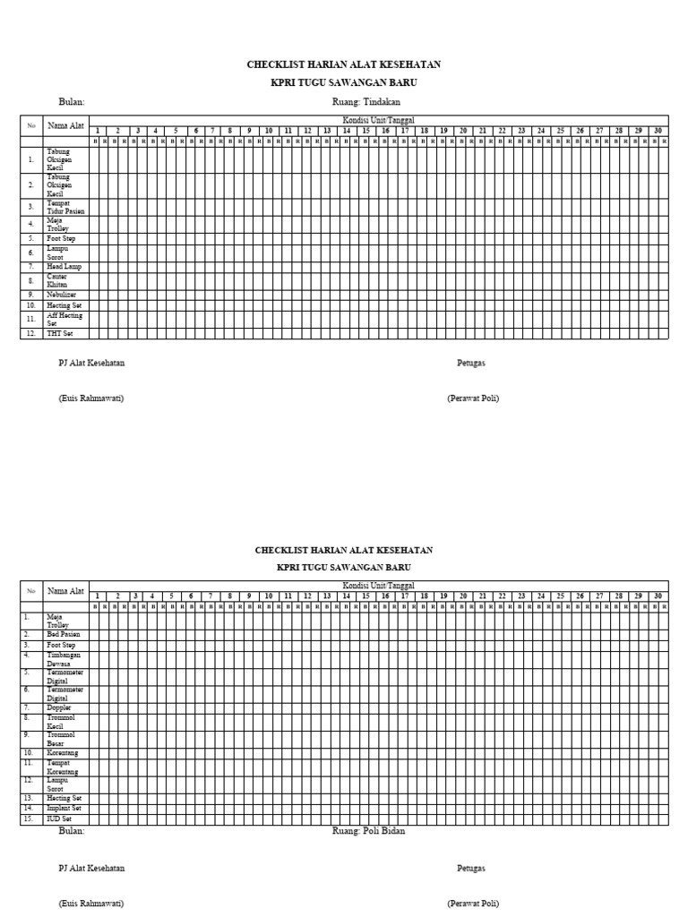 Checklist Harian Alat Kesehatan KPRI | PDF