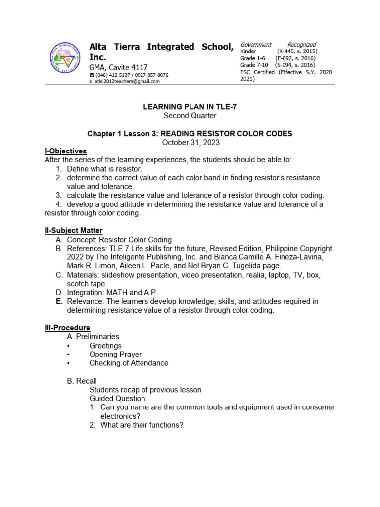 Q2-Learning Plan in TLE-7 | PDF | Resistor | Electrical Resistance And Conductance
