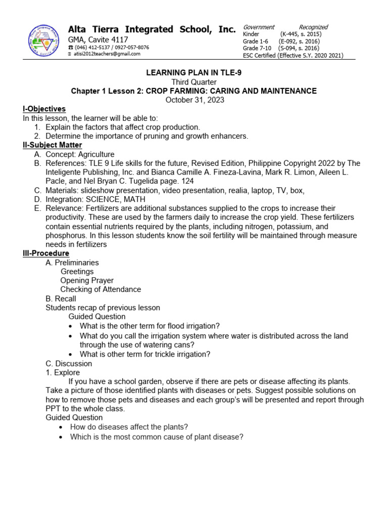 Q3-Learning Plan in TLE-9 | PDF | Fertilizer | Agriculture