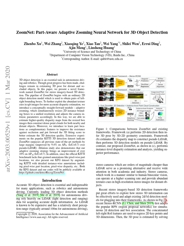 ZoomNet Part-Aware Adaptive Zooming Neural Network For 3D Object Detection | PDF | Lidar | Image ...
