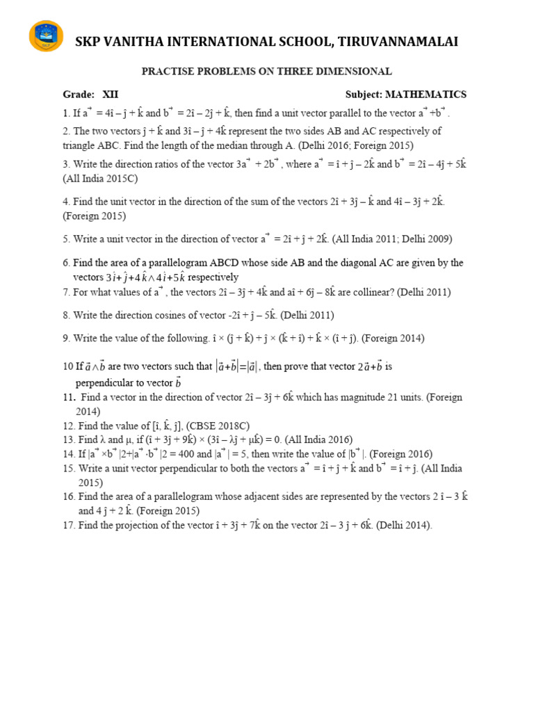 Practise Problems on Vector Algebra | PDF