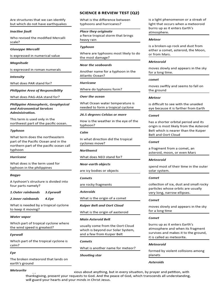 Science 8 Review Test (Q2) | PDF | Meteoroid | Comet