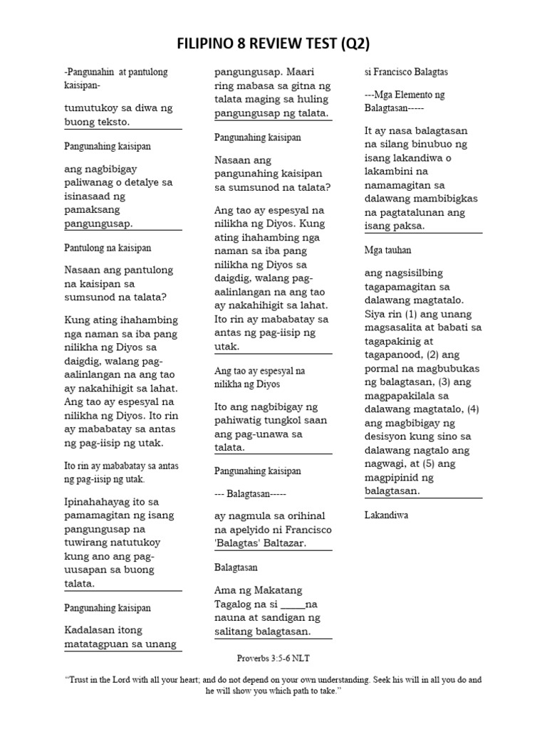 Filipino 8 Review Test (Q2) | PDF
