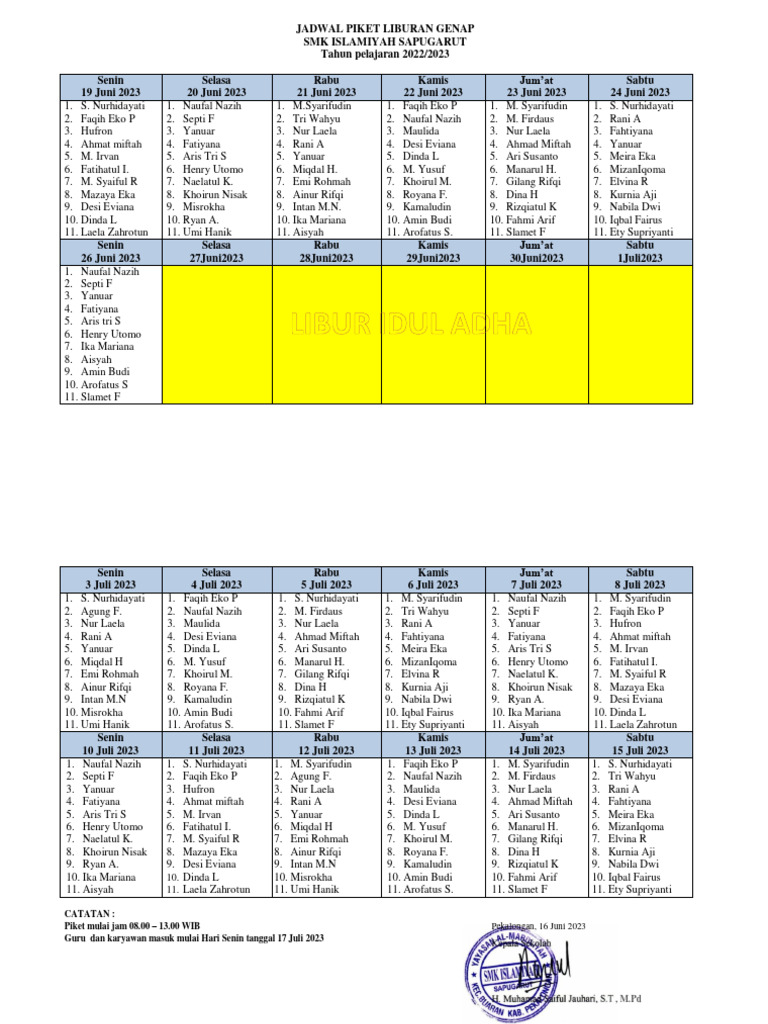 JADWAL PIKET LIBUR Genap 2023 | PDF