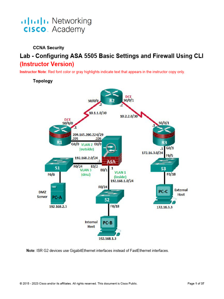9.3.1.2 Lab - Configure ASA 5505 Basic Settings and Firewall Using CLI - Instructor | PDF | Ip ...