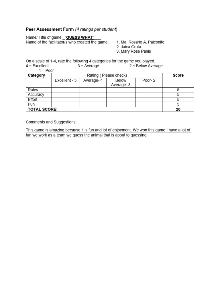 Peer Assessment Form (4 Ratings Per Student) | PDF | Cognition