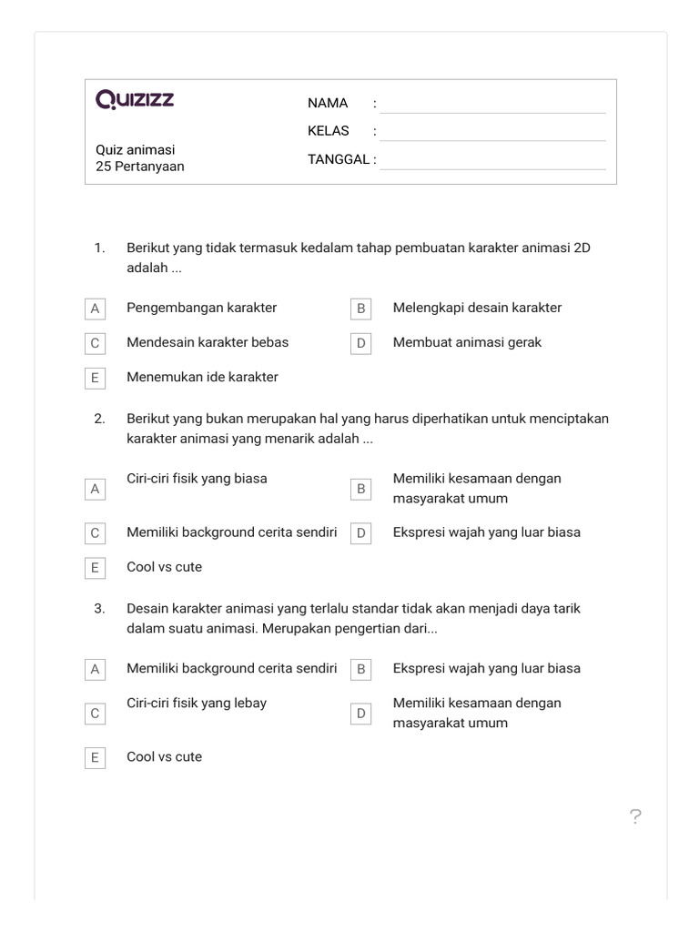 Quiz Desain Karakter Animasi | PDF | Game & Aktivitas