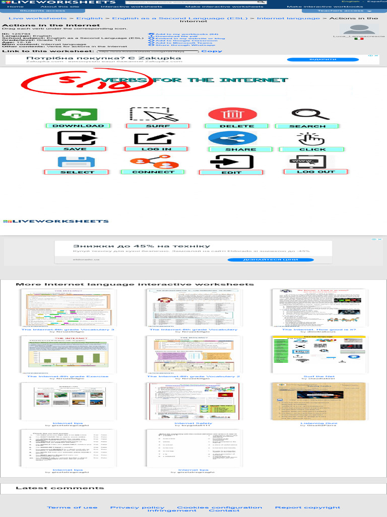 Actions in The Internet Worksheet | PDF | Internet | English As A ...