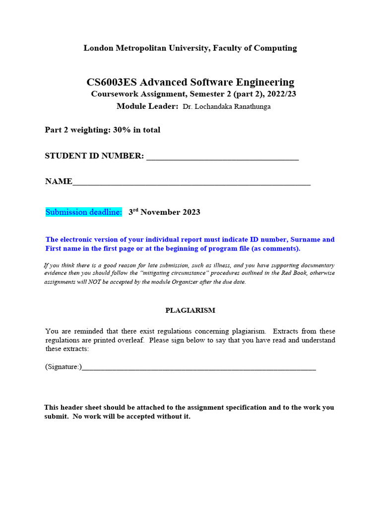 CS6003ES - ASE - Coursework 2 2023 | PDF | Plagiarism | Computing