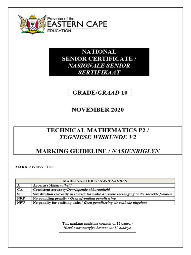Technical Maths p2 Memo Gr10 Nov2020 Ae | PDF