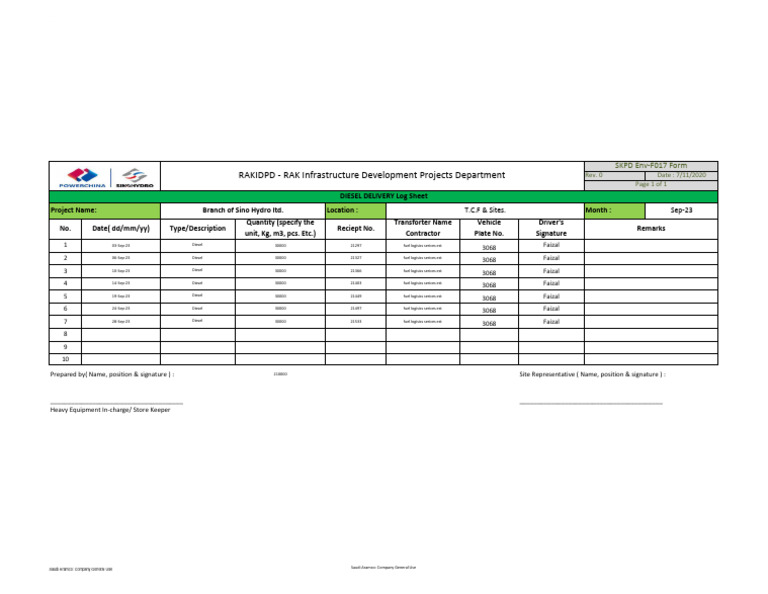 Env-F017 Diesel Delivery Log Sheet | PDF | Diesel Fuel | Transport