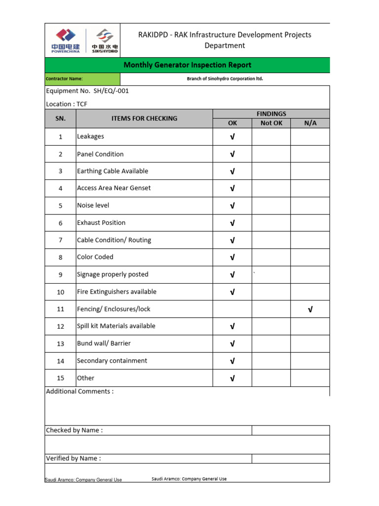 Env-F016 Monthly Generator Inspection Report | PDF