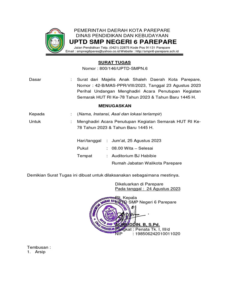 Surat Tugas Menghadiri Acara Penutupan HUT RI MAS | PDF Surat Tugas Menghadiri Acara Penutupan HUT RI MAS | PDF
