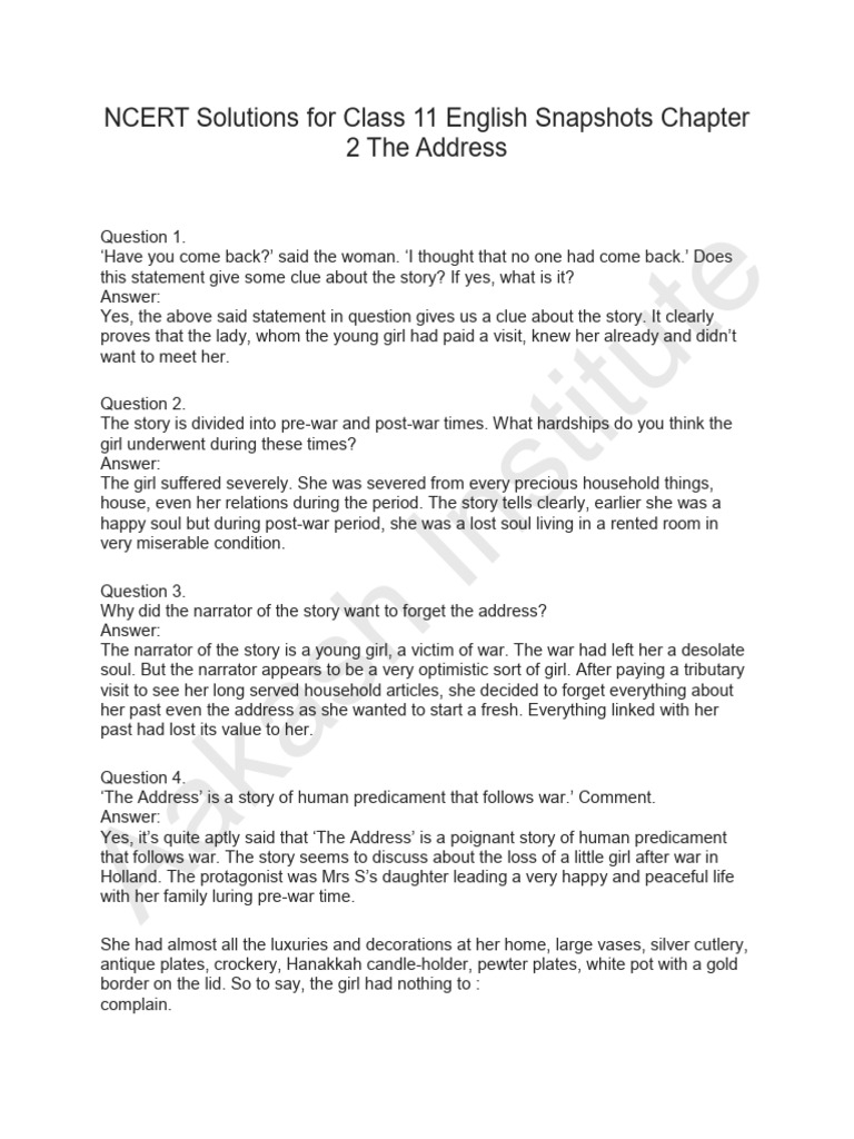 NCERT Solutions For Class 11 English Snapshots Chapter 2 The Address | PDF