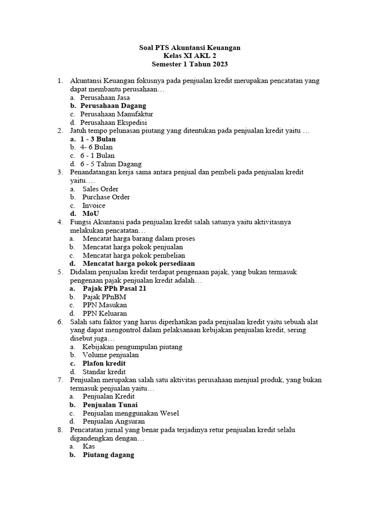 Soal PTS Akuntansi Keuangan XI AKL 2 | PDF