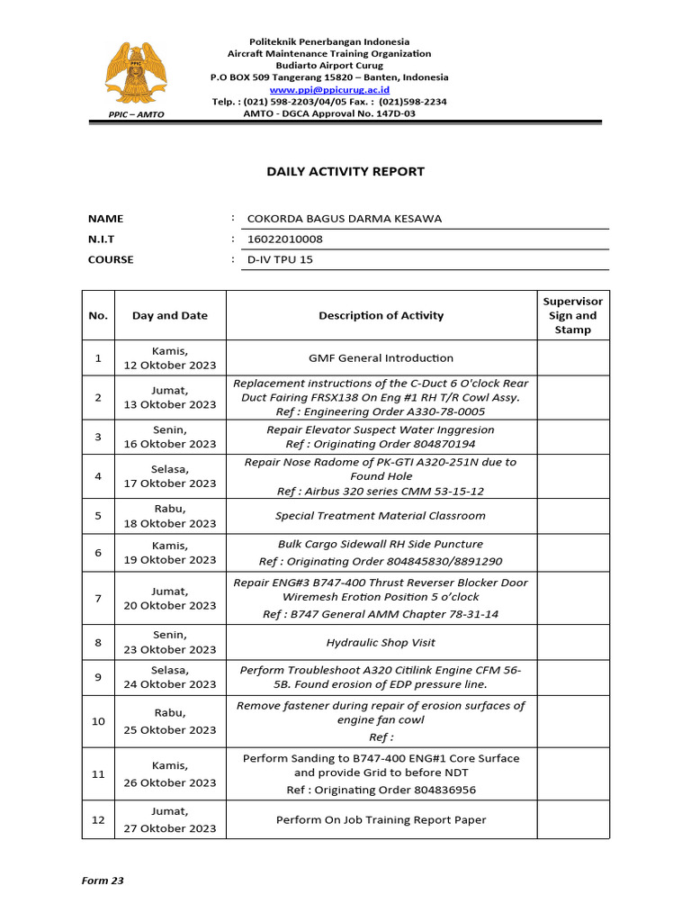 OJT Daily Activity Report | PDF | Airbus | Aerospace