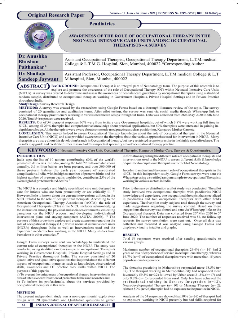Awareness of the Role of Occupational Therapy in the Neonatal Intensive Care Units Among ...