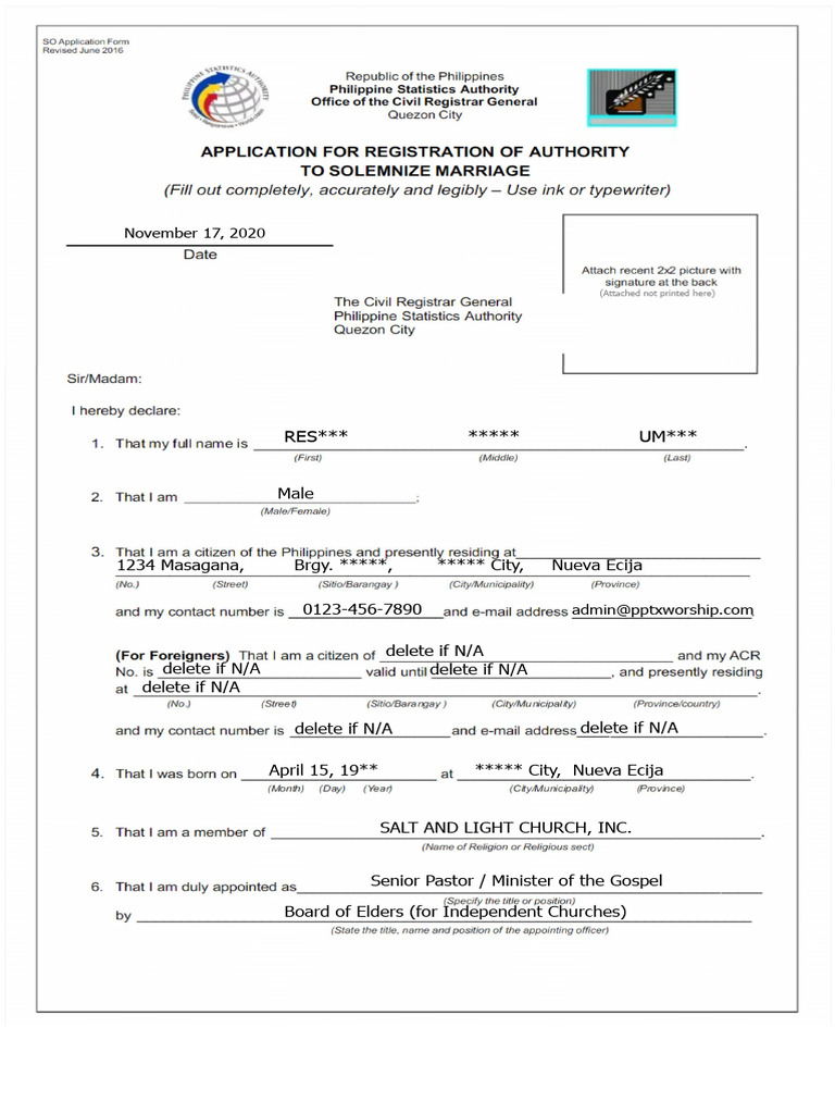 CRASM Form Application Page1 - Application For Registration of Authority To Solemnize Marriage ...