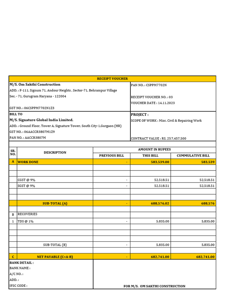 Construction Advance Receipt Voucher | PDF