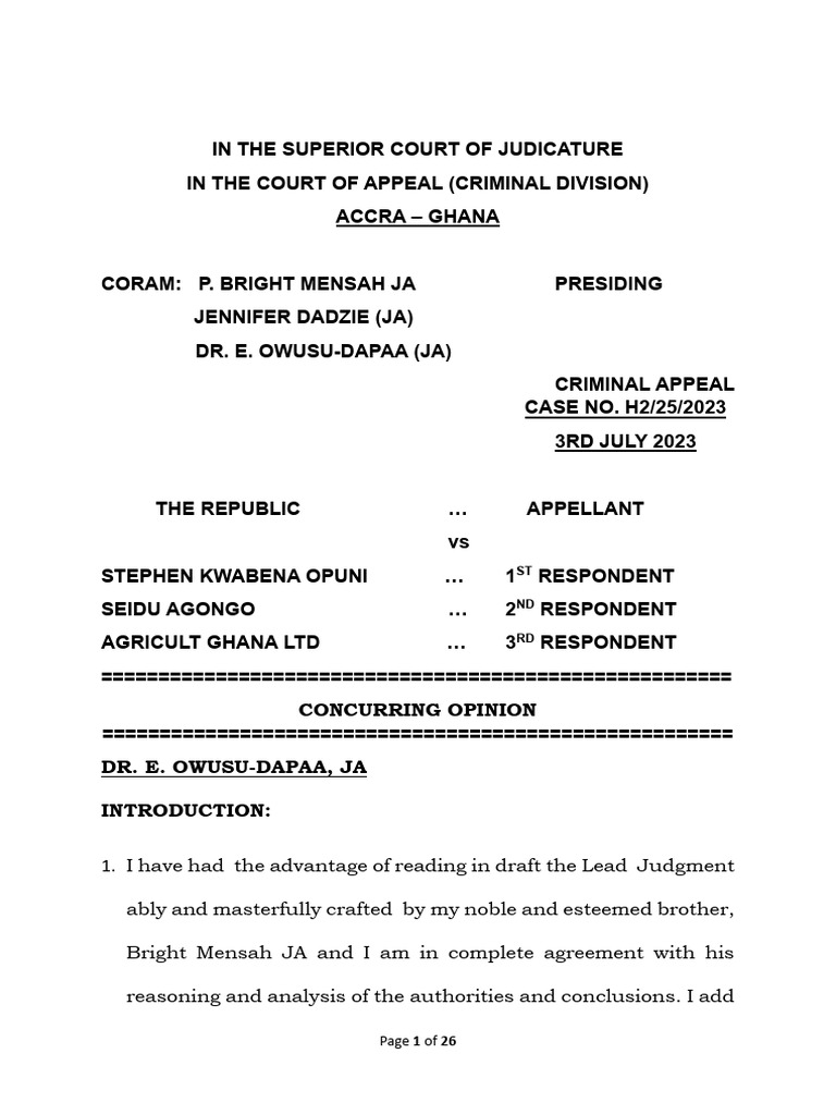 CONCURRING OPINION (DR OWUSU-DAPAA) - OPUNI's CASE | PDF | Precedent ...