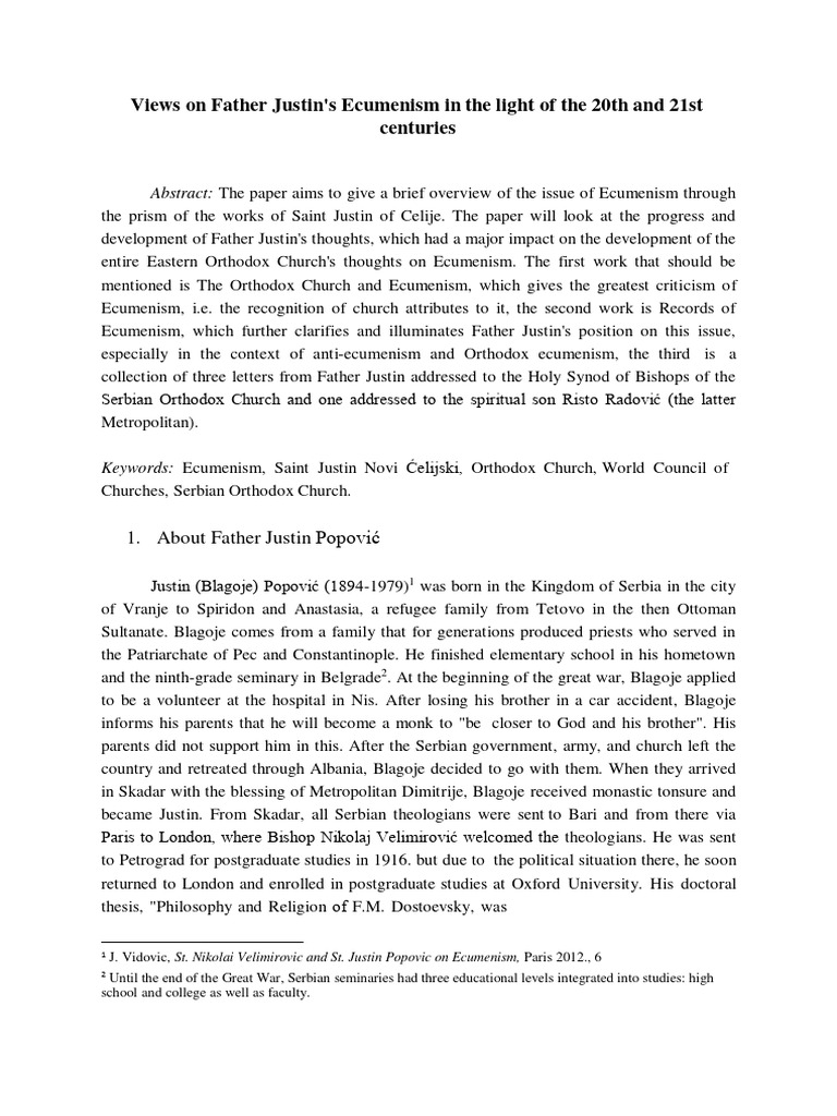 Views On Father Justin's Ecumenism in The Light of The 20th and 21st ...