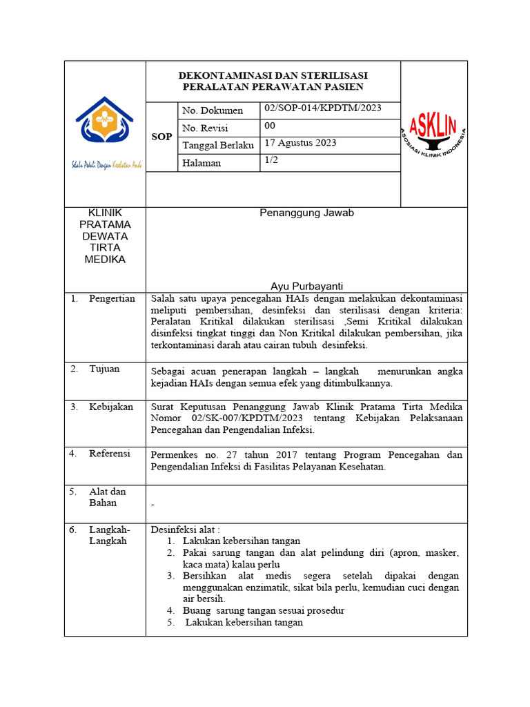 Sop Dekontaminasi Dan Sterilisasi Peralatan Perawatan Pasien | PDF