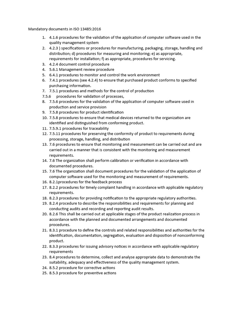 ISO 13485:2016 Mandatory Documents Guide | PDF | Verification And ...