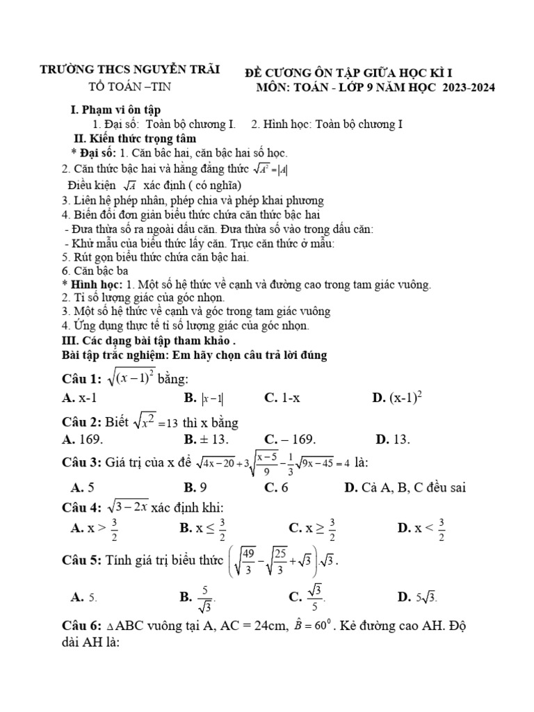 De Cuong Giua Hoc Ki 1 Toan 9 Nam 2023 2024 Truong Thcs Nguyen Trai Quang Tri | PDF