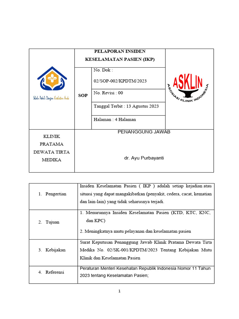 SOP Pelaporan IKP (Pasien Safety) | PDF