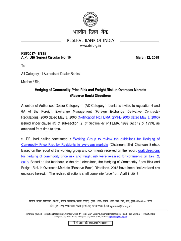 RBI Guidelines for Commodity Hedging | PDF | Hedge (Finance ...