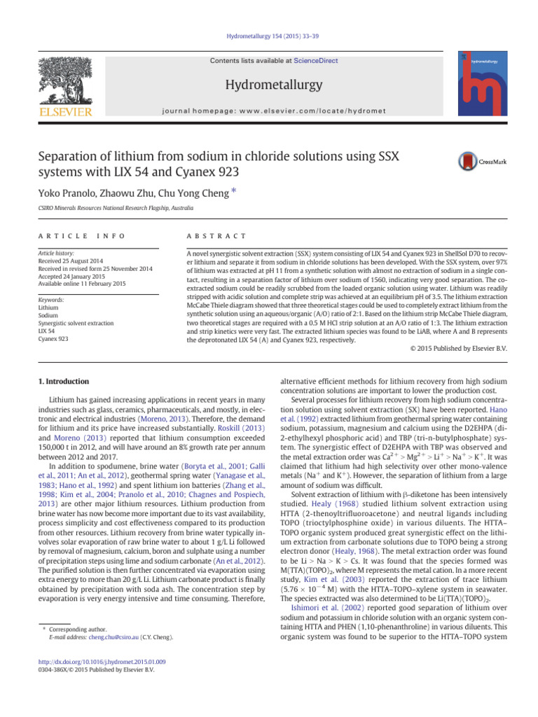 2-s2.0 - Hydrometallurgy - Separation of Li From Sodium in Chloride Solution Using SSX Systems ...