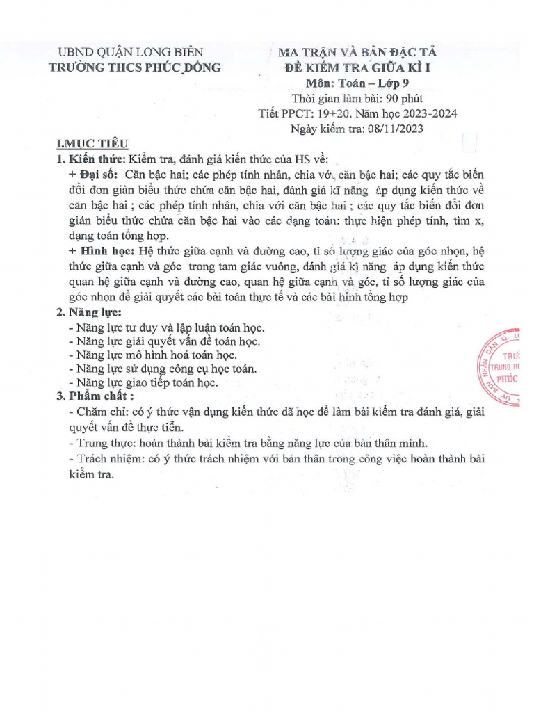 De Giua Ki 1 Toan 9 Nam 2023 2024 Truong Thcs Phuc Dong Ha Noi | PDF