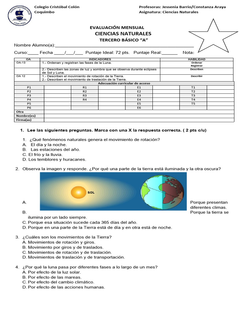 Evaluación Mov. Tierra y Luna Fases de La Luna | PDF | Luna | Eclipse solar