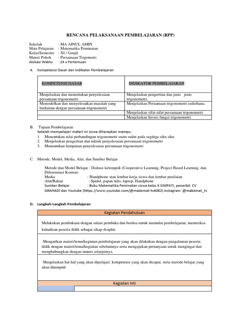 RPP Kelas Xi Sem.1 (P. Trigonometri) | PDF | Karier & Perkembangan