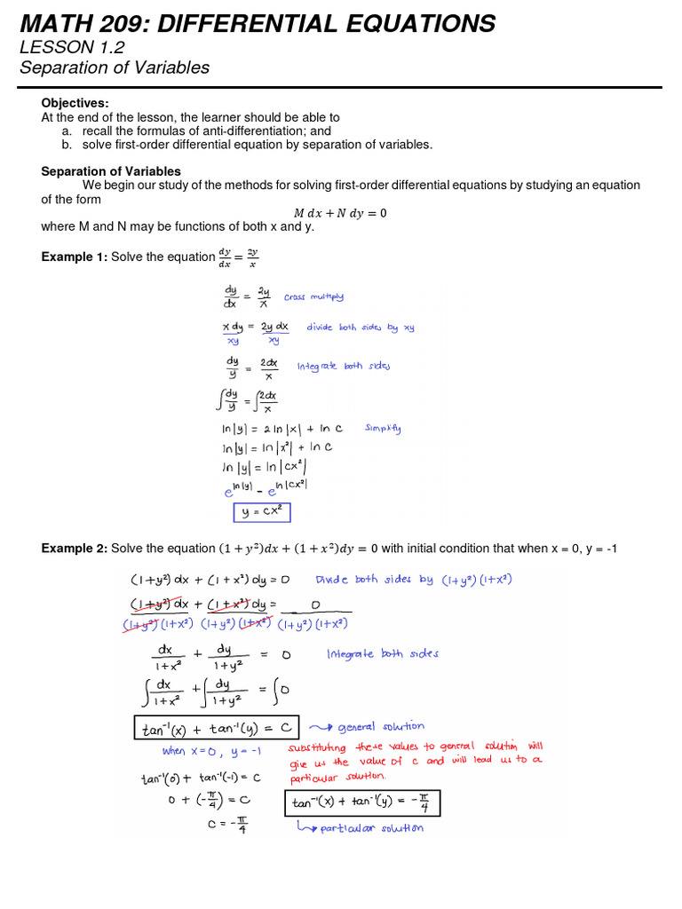 Lesson 1.2 Separation of Variables | PDF