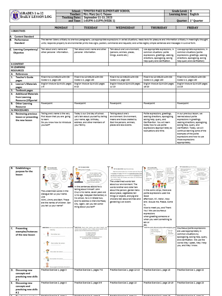 Q1W1 DLL English | PDF | Learning | Teachers