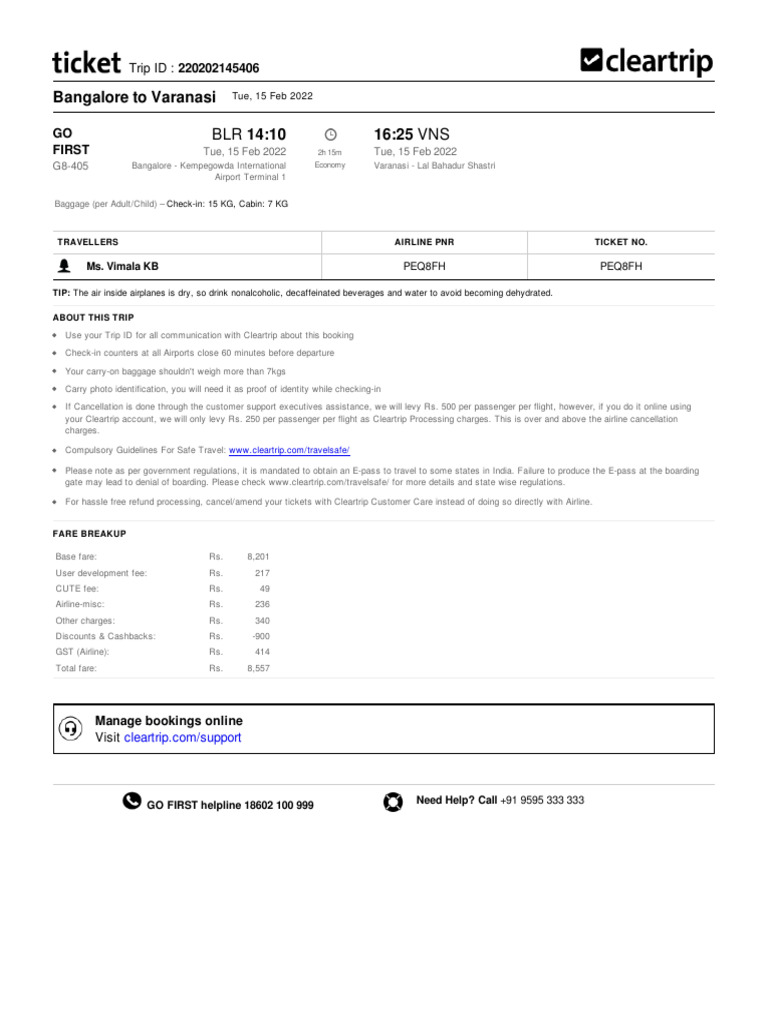 Cleartrip Flight Domestic E-Ticket | PDF | Transport | Aviation