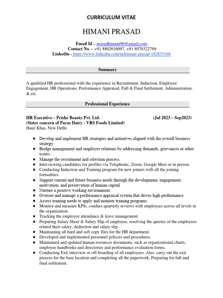 Resume Himani Prasad | PDF | Performance Appraisal | Recruitment