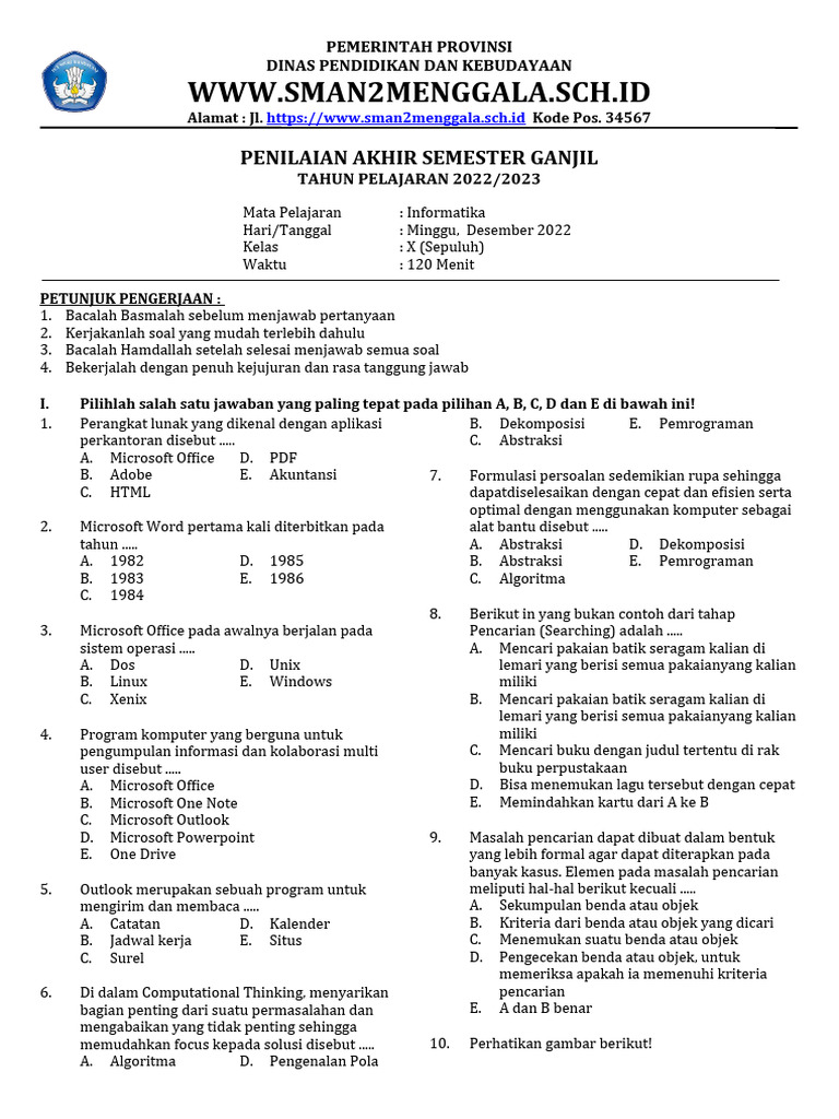 Soal Informatika Kelas X Semester Ganjil | PDF | Komputer