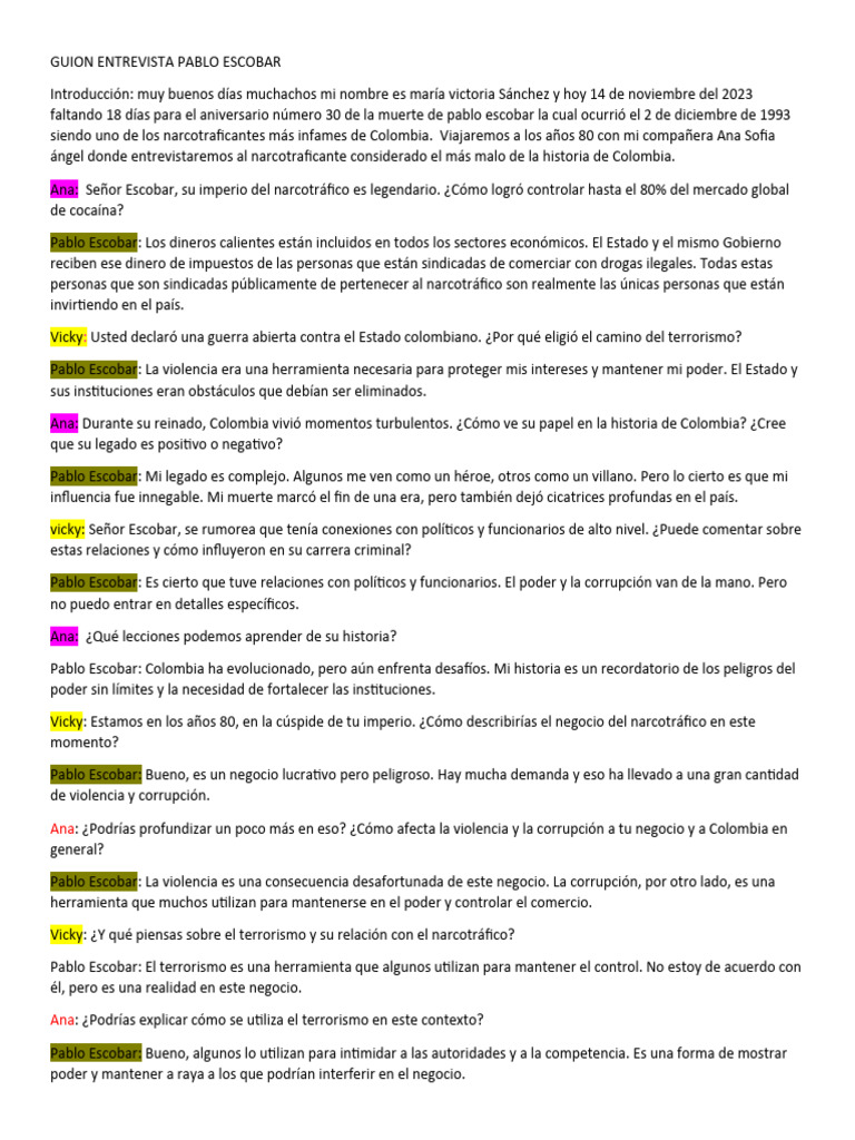 Guion Entrevista Pablo Escobar | PDF | Comercio ilegal de drogas | Colombia