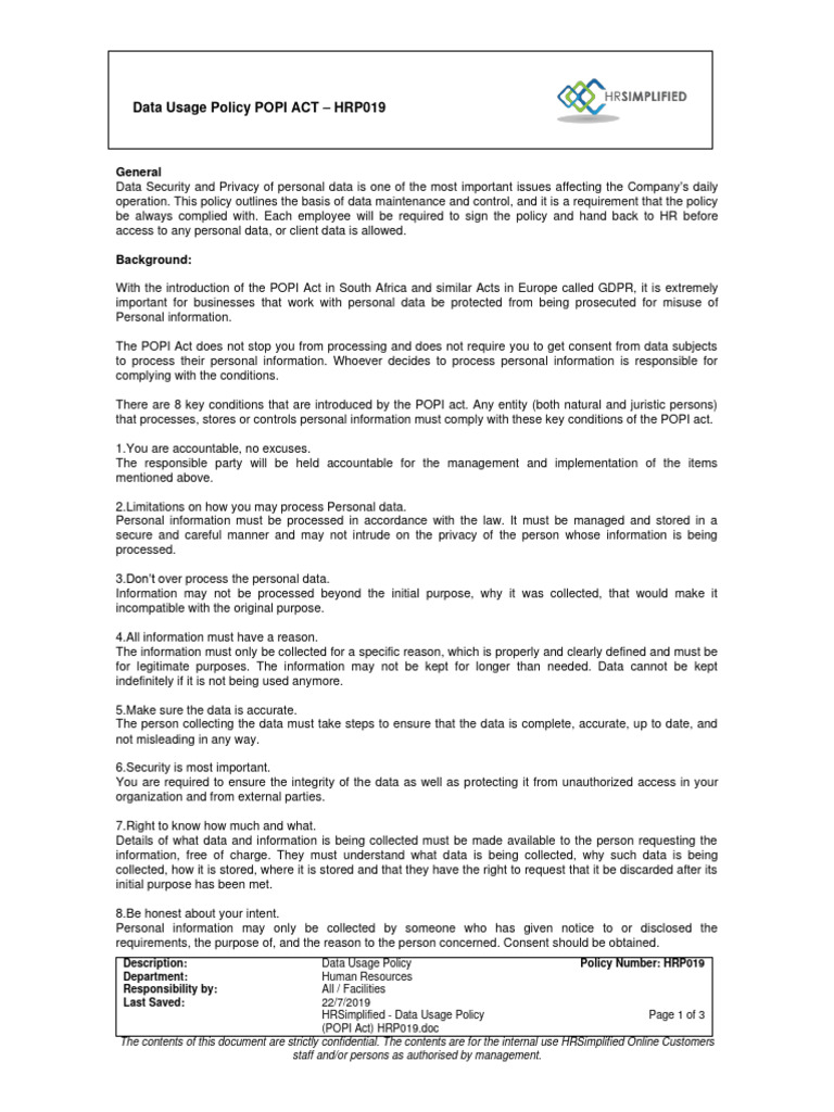 HRSimplified Data Usage Policy POPI Act HRP019 | PDF | Password | Privacy